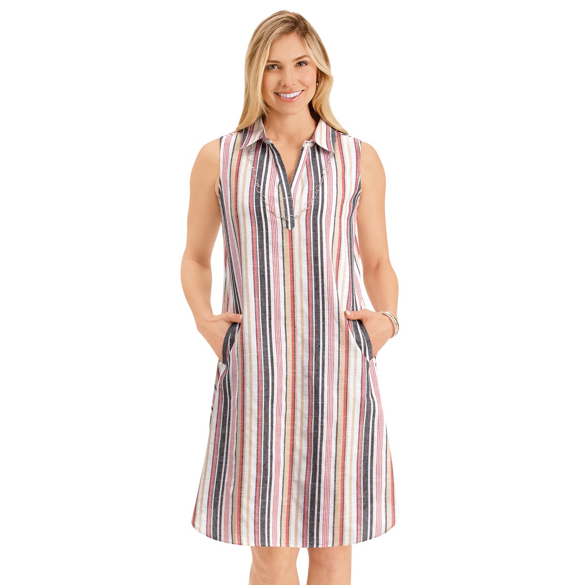 Comfortable Sleeveless Striped Shift Dress | Collections Etc.