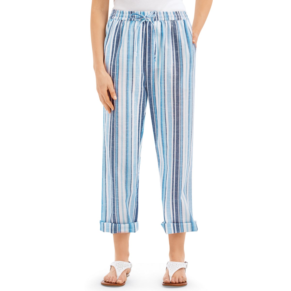 Striped Cuffed Hem Pull-On Elasticized Waist Capris | Collections Etc.