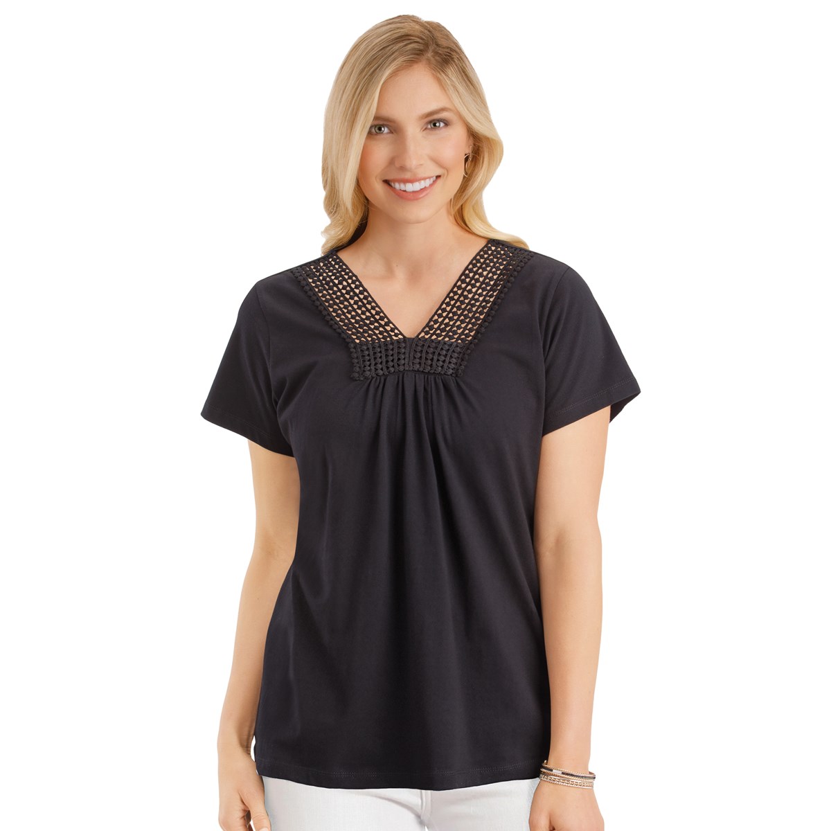 Stylish Novelty Trim V-Neck Short Sleeve Top | Collections Etc.