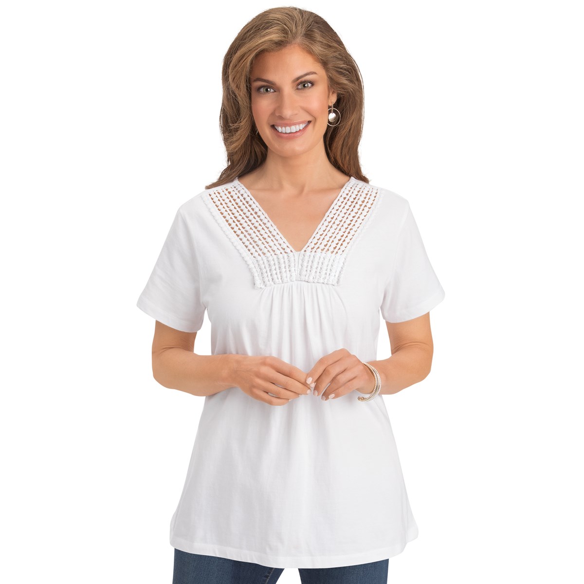 Stylish Novelty Trim V-Neck Short Sleeve Top | Collections Etc.