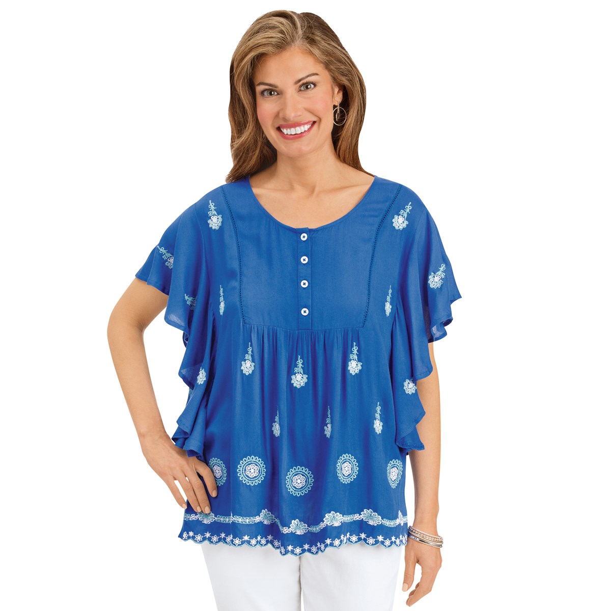 Comfortable Embroidered Flutter Sleeve Top | Collections Etc.