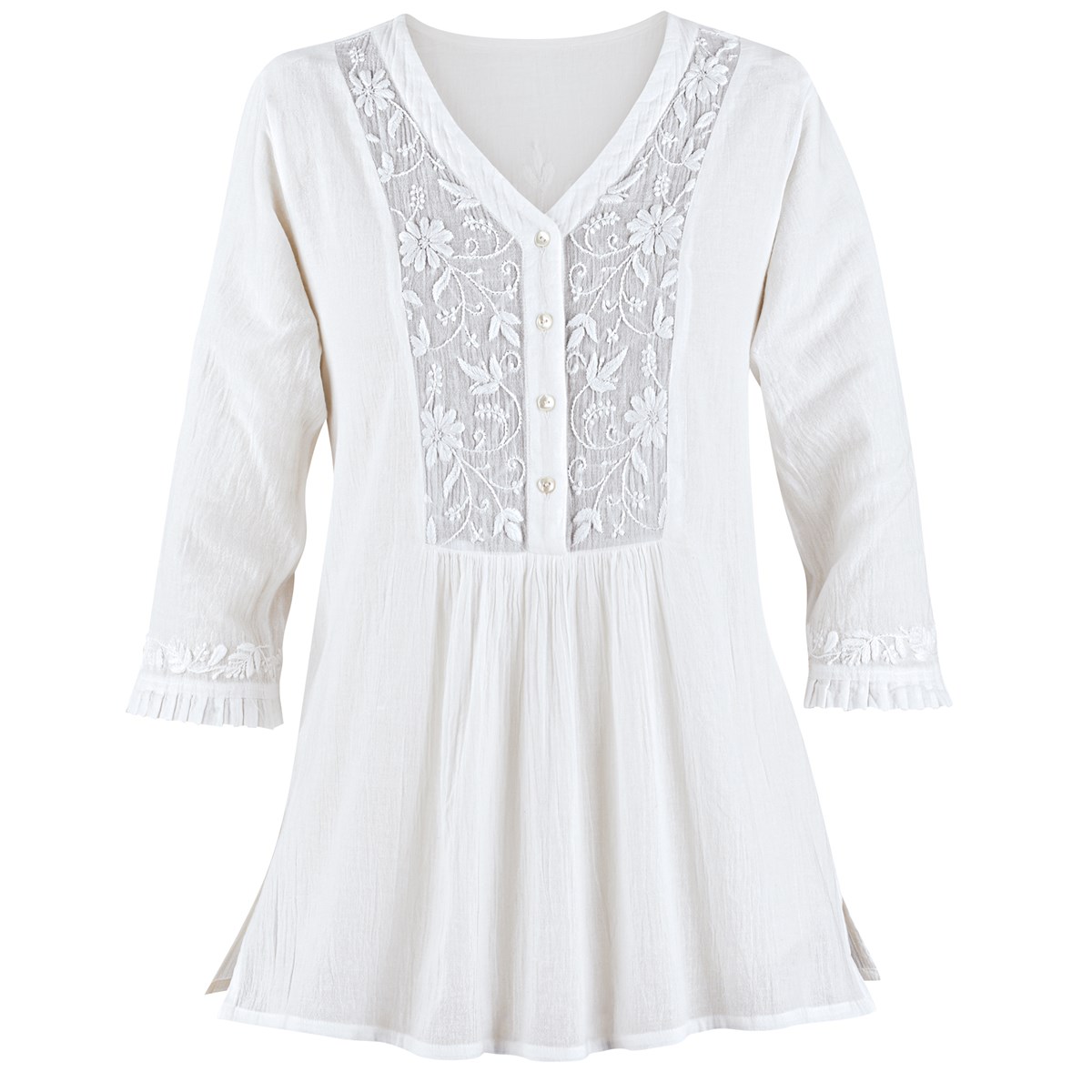 Floral Embroidered Button Trim 3/4 Sleeve Tunic | Collections Etc.