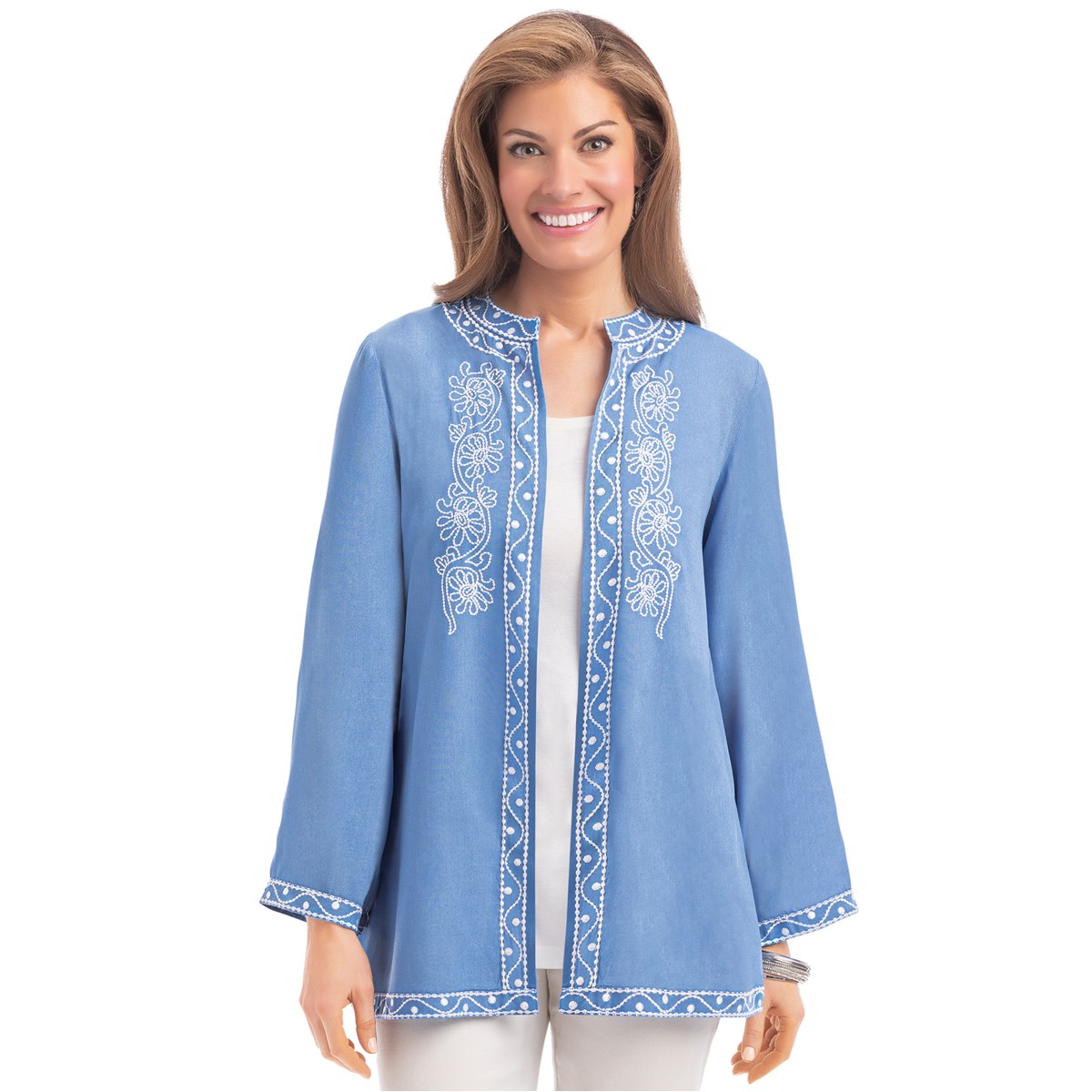 Stylish Embroidered Open Front Lightweight Jacket | Collections Etc.