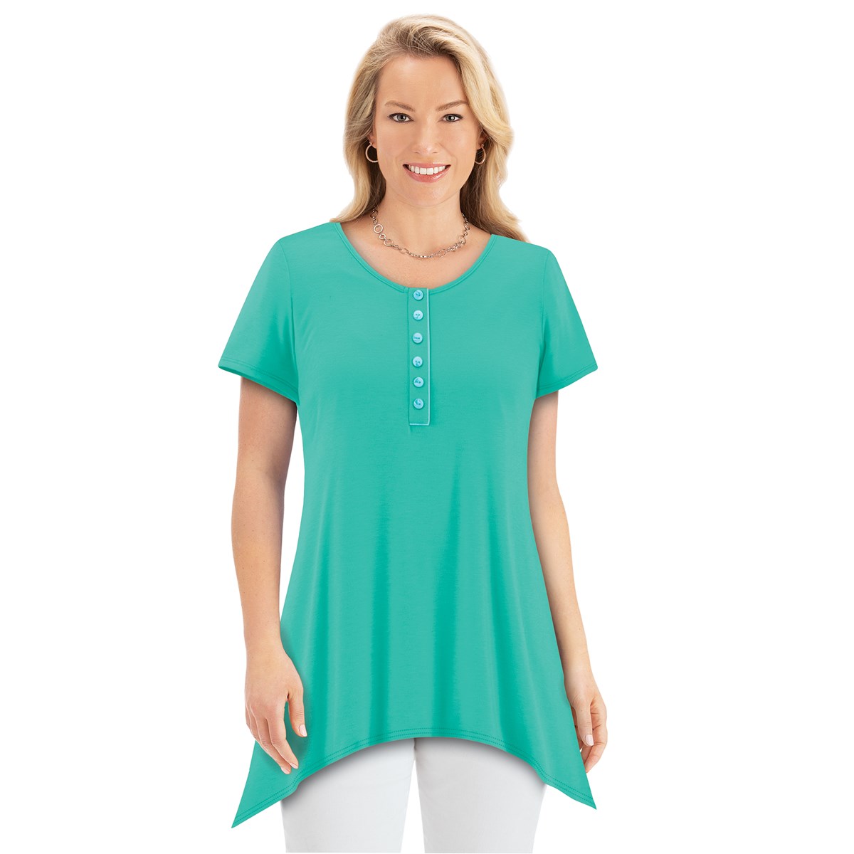 Soft Knit Short Sleeve Henley Sharkbite Tunic | Collections Etc.