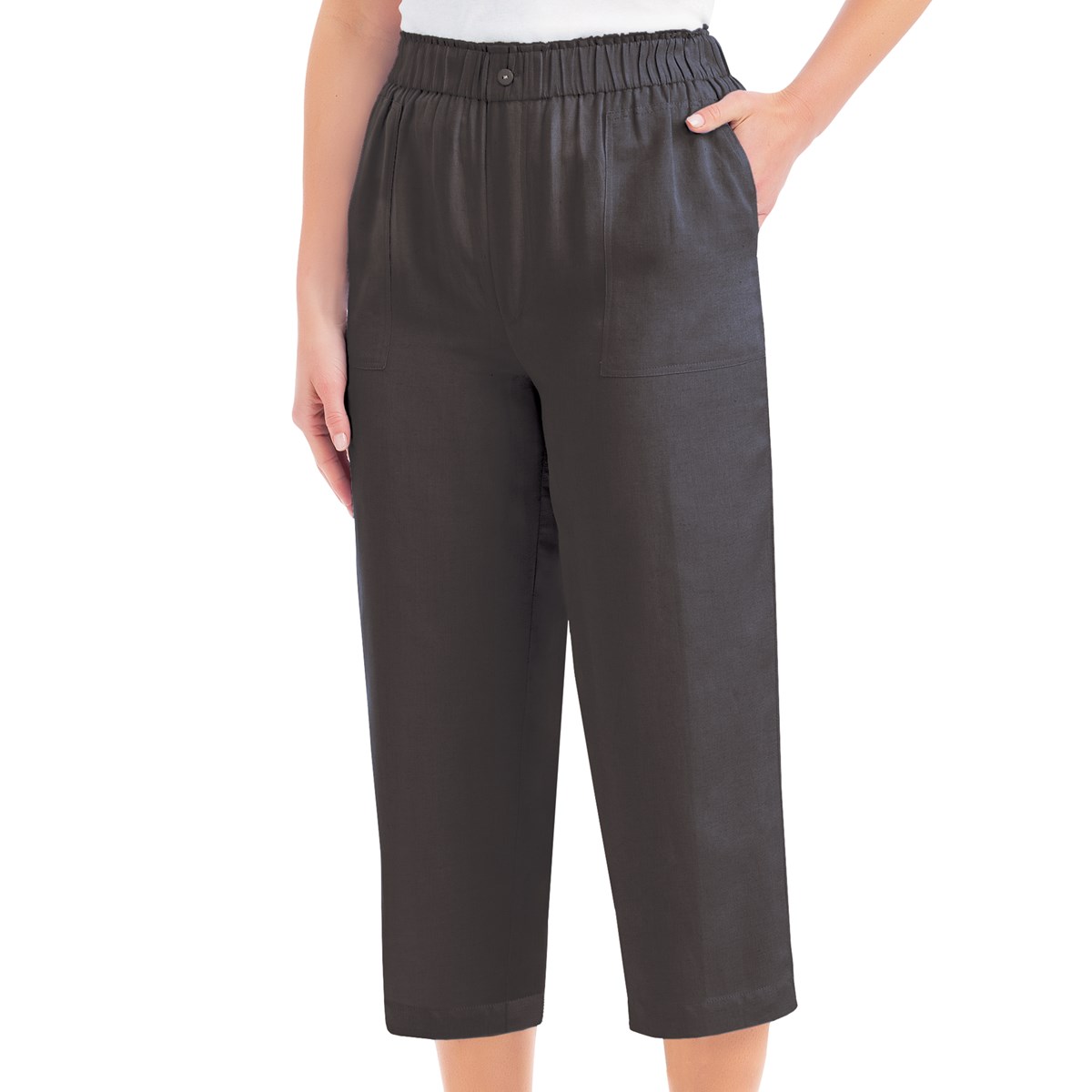 Stylish Mock Fly Elasticized Waist Capris with Pockets | Collections Etc.