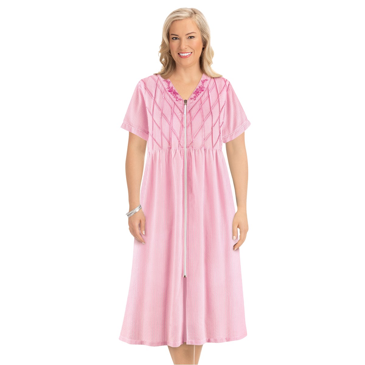 Comfy Embroidered Seersucker Zippered Robe with Pockets | Collections Etc.