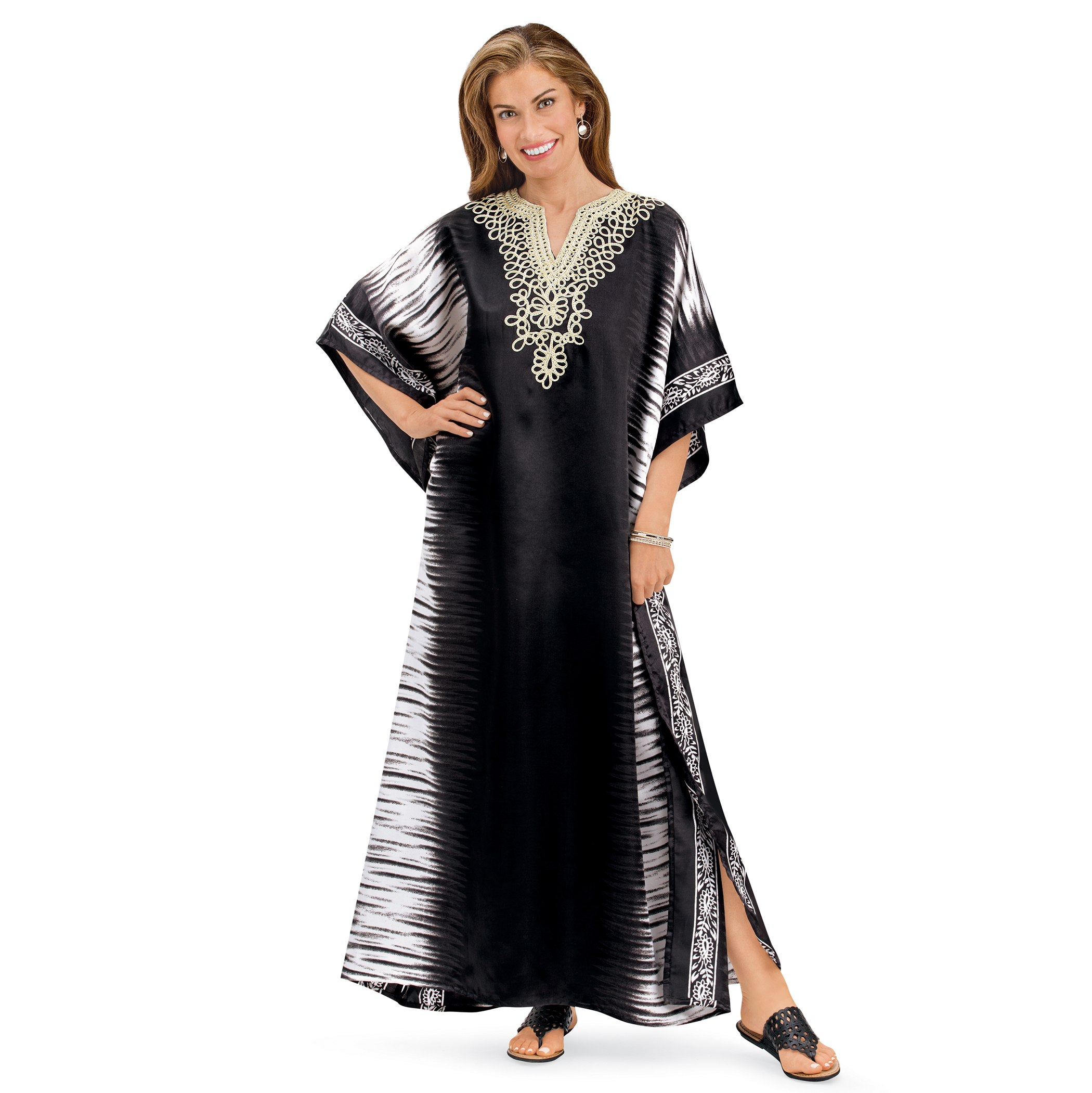 Collections Etc Comfortable Embroidered Satiny Printed Caftan
