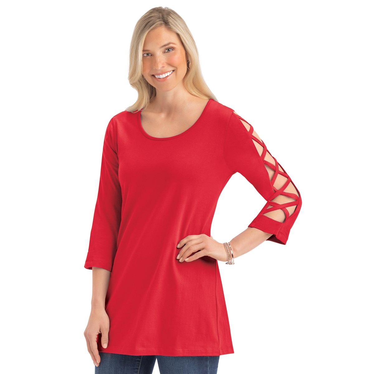 Lattice Design 3/4 Sleeve Long Length Tunic | Collections Etc.