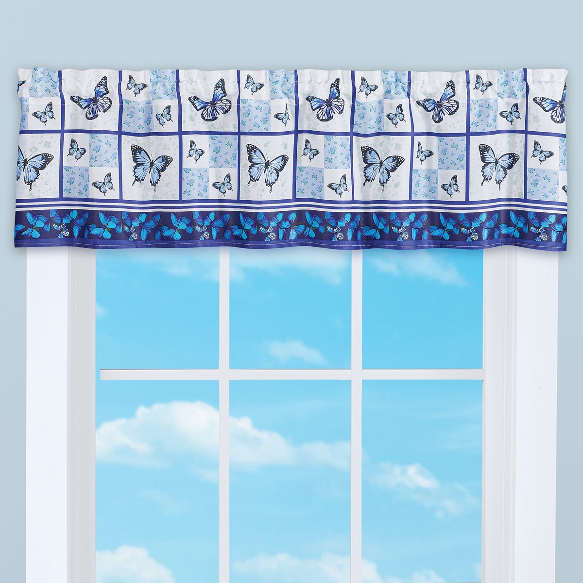 Blue Butterfly Floral Patchwork Window Valance | Collections Etc.