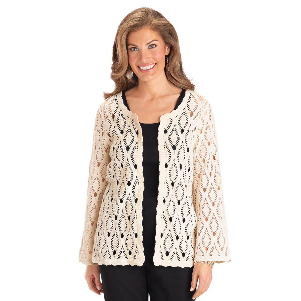 Open Front Scalloped Hem Crochet Cardigan | Collections Etc.