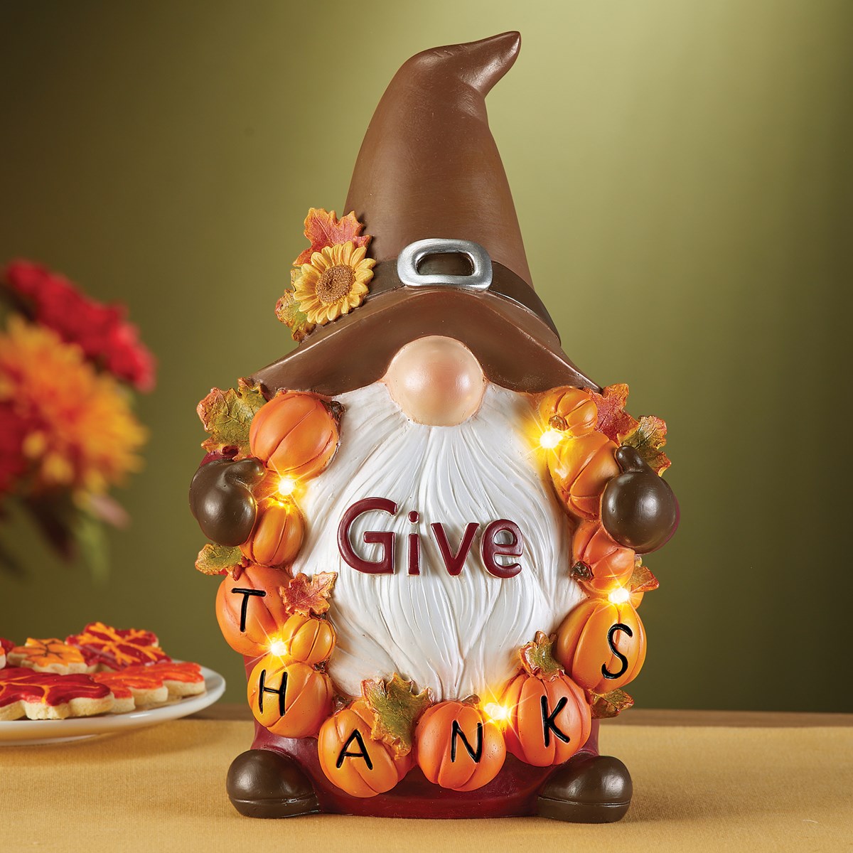 Hand-Painted Give Thanks LED Lighted Thanksgiving Gnome | Collections Etc.