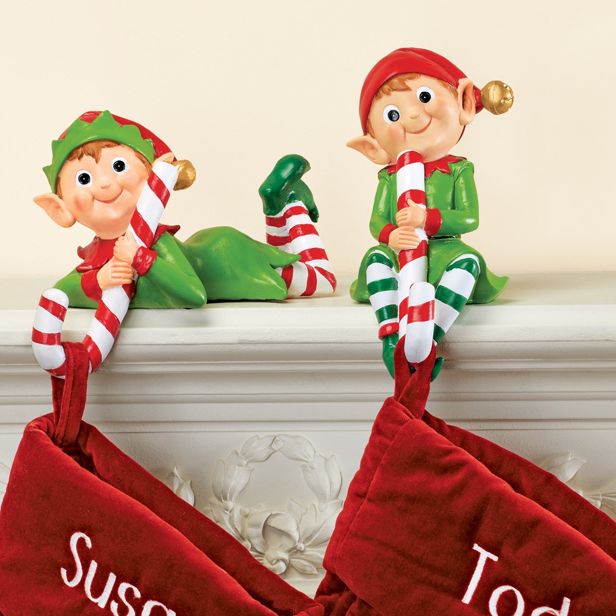 Hand-Painted Adorable Elf Stocking Sitters - Set of 2 | Collections Etc.