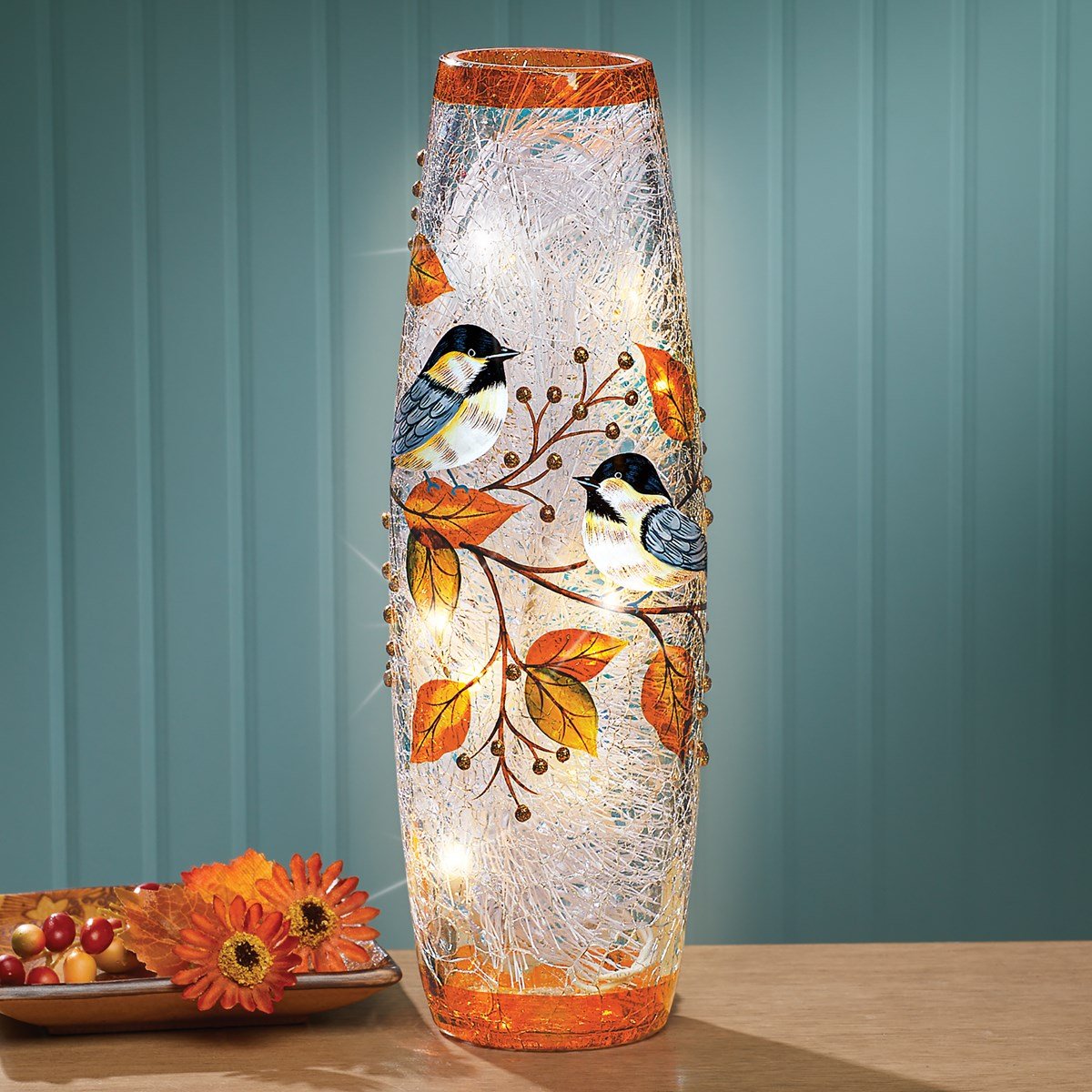 Led Lighted Autumn Chickadee Crackled Glass Hurricane Lamp Collections Etc