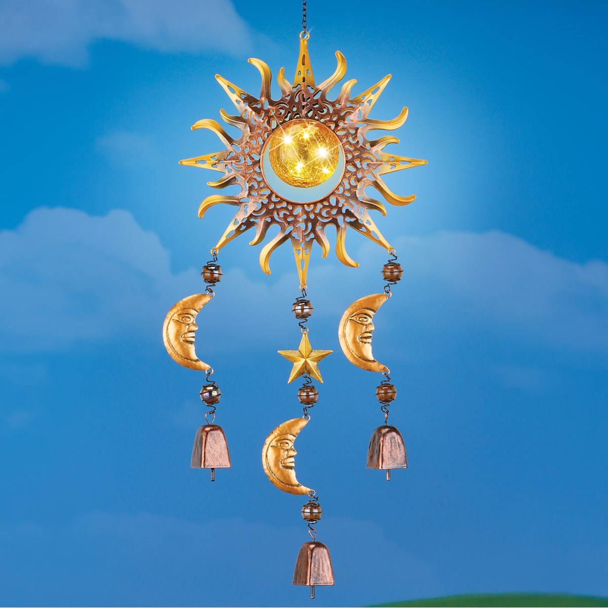 Solar Powered Sun and Dangling Moons Wind Chime | Collections Etc.