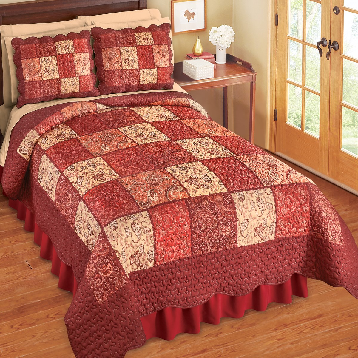 Burgundy Paisley Patchwork Scalloped Edge Quilt | Collections Etc.