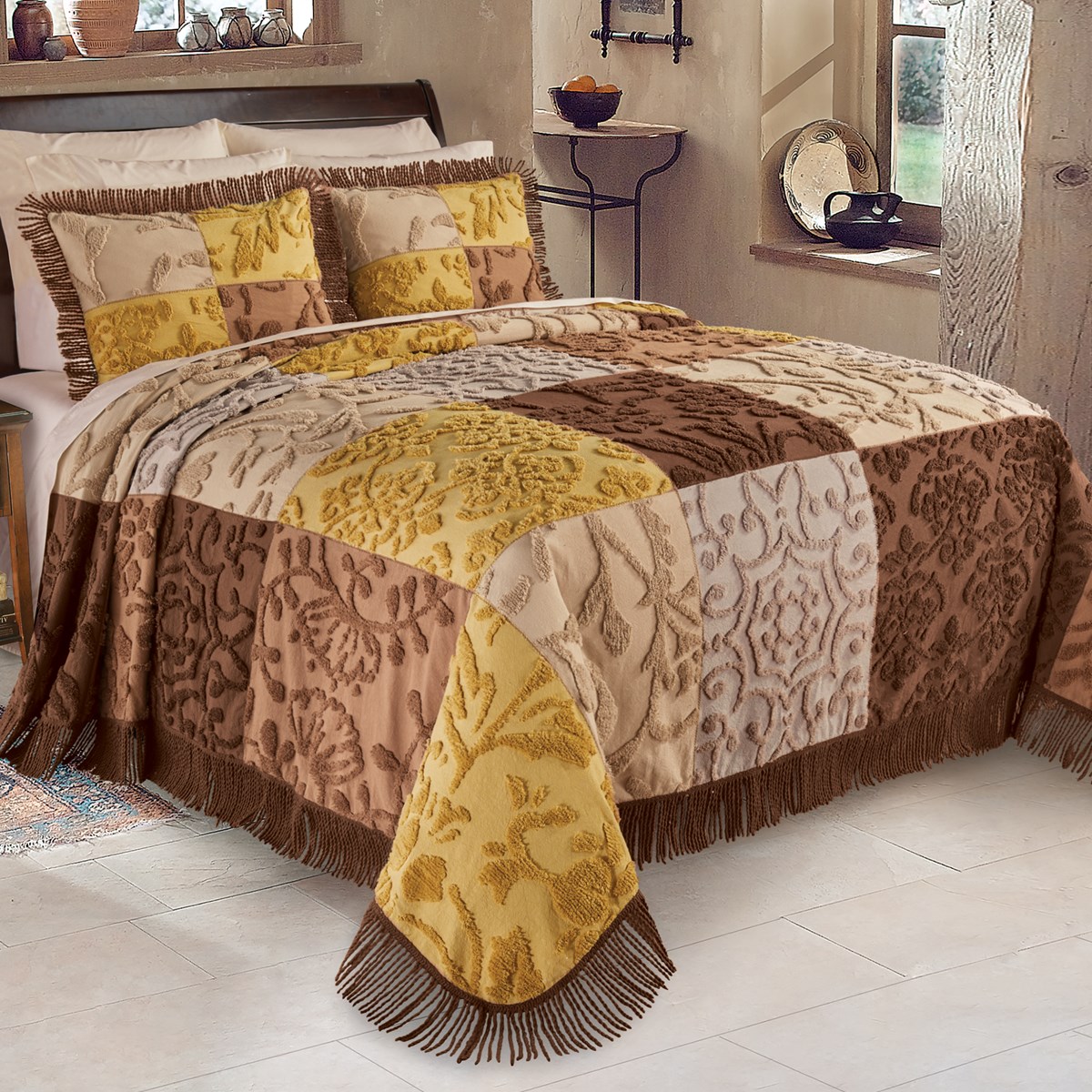 Patchwork Textured Chenille Fringe Border Bedspread | Collections Etc.