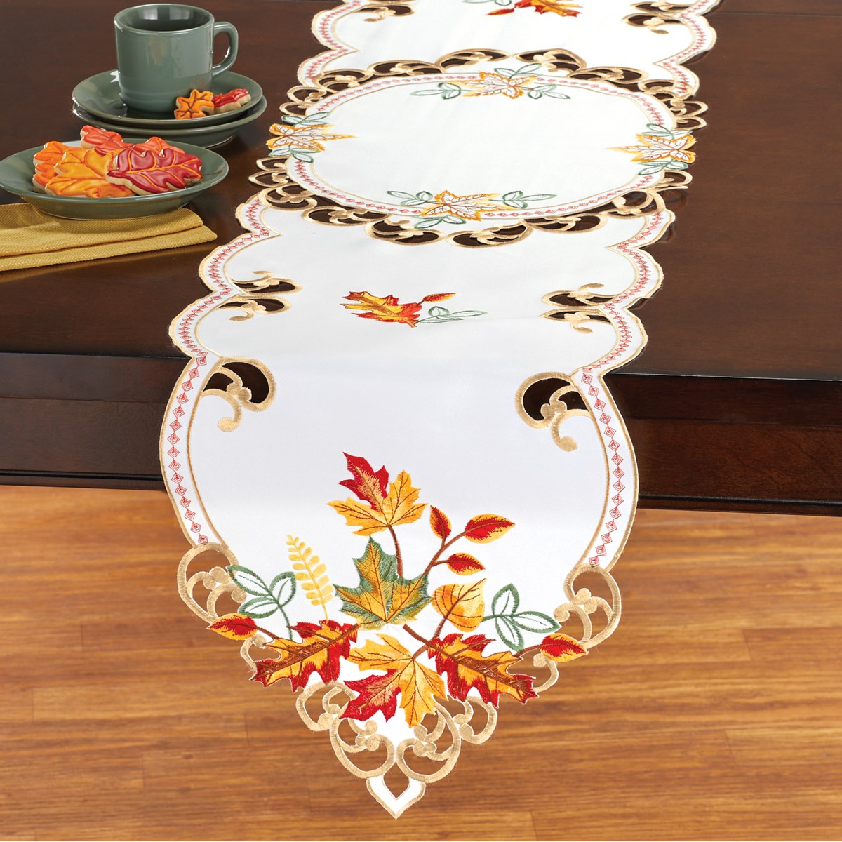 Embroidered Colorful Autumn Leaves Table Linens | Collections Etc.