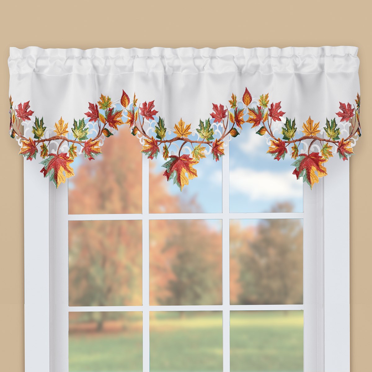 Lovely Embroidered Leaf Border Window Valance | Collections Etc.