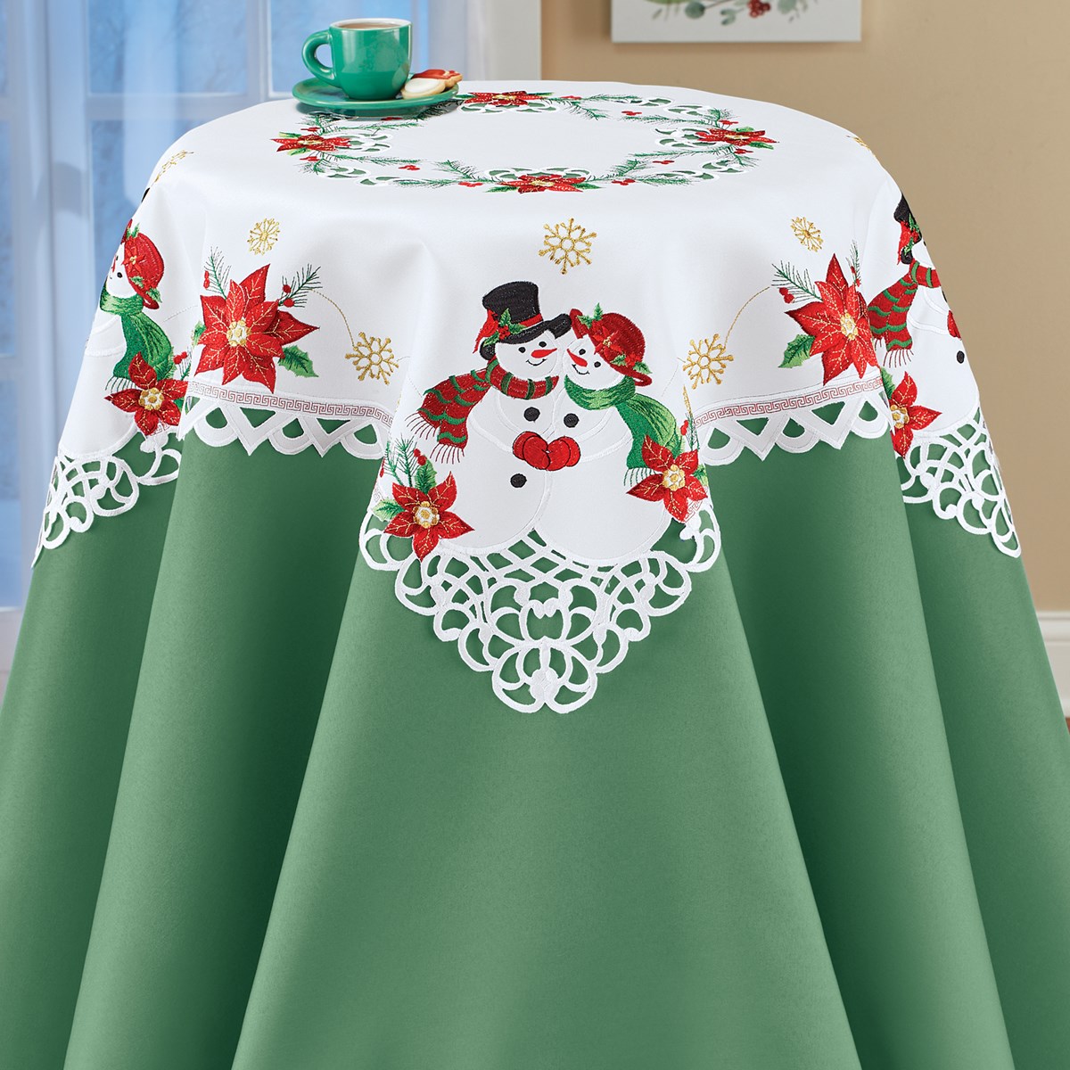 Embroidered Festive Snowmen Couple Table Linens | Collections Etc.