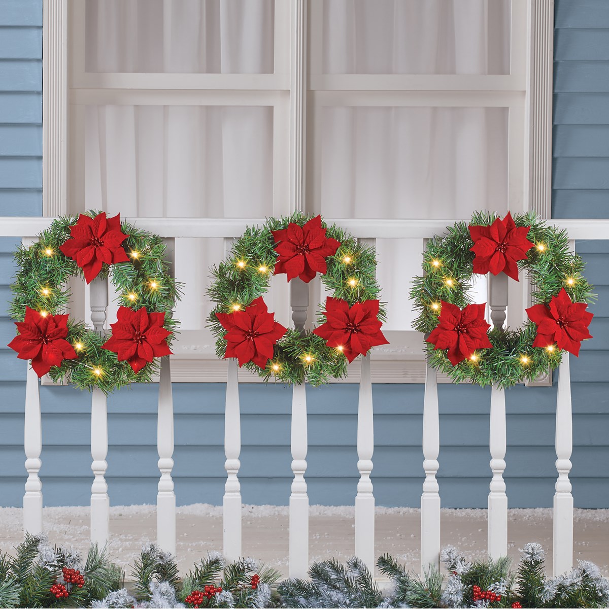 Solar Lighted Outdoor Poinsettia Wreaths - Set of 3 | Collections Etc.