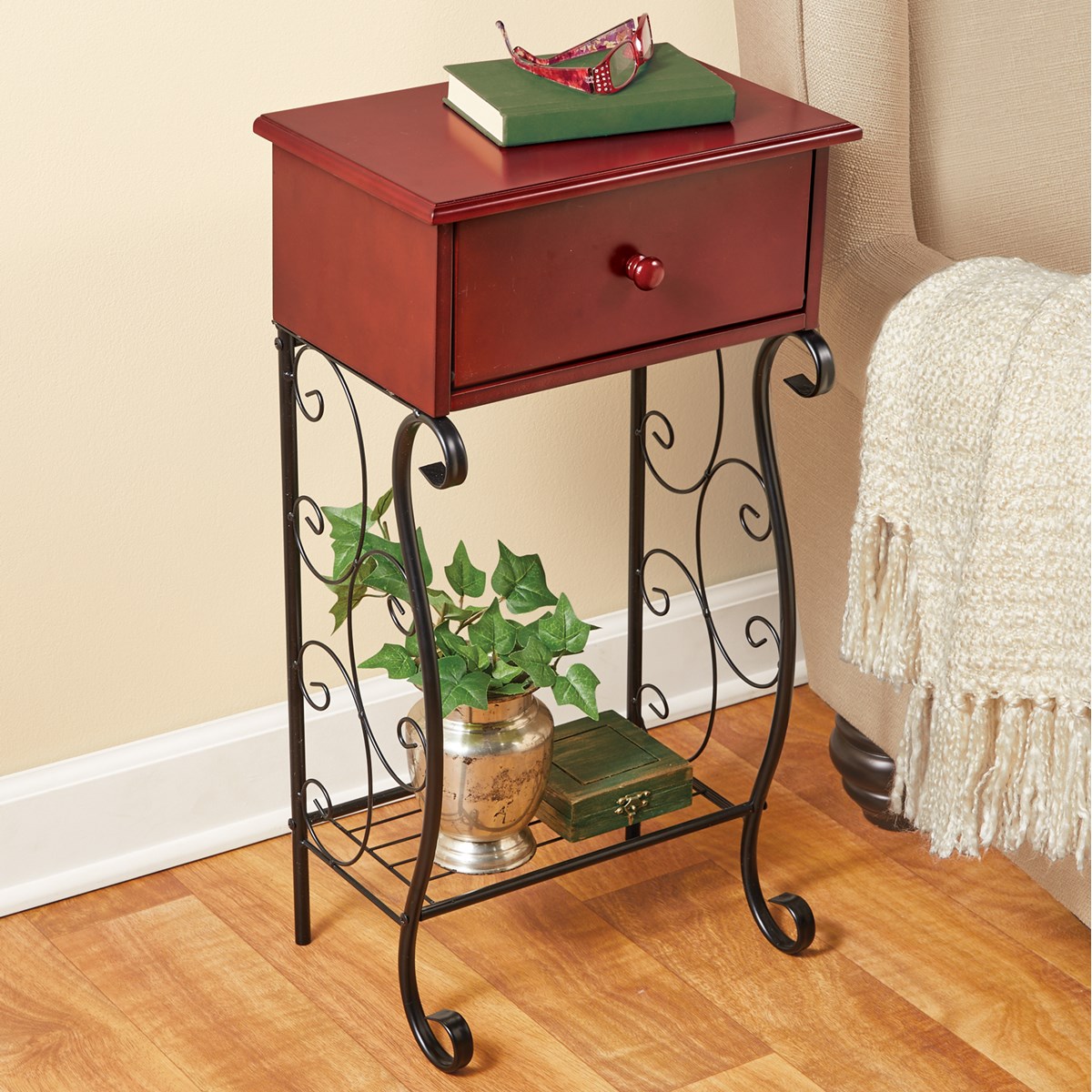Wooden Side Table with Drawer and Metal Base | Collections Etc.