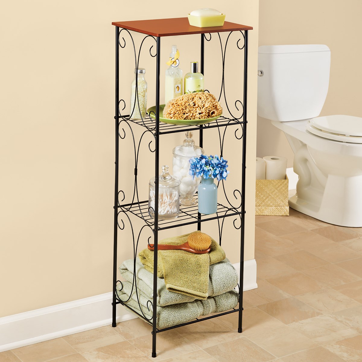 4-Tier Scroll Design Metal Storage Shelf with Wooden Top | Collections Etc.