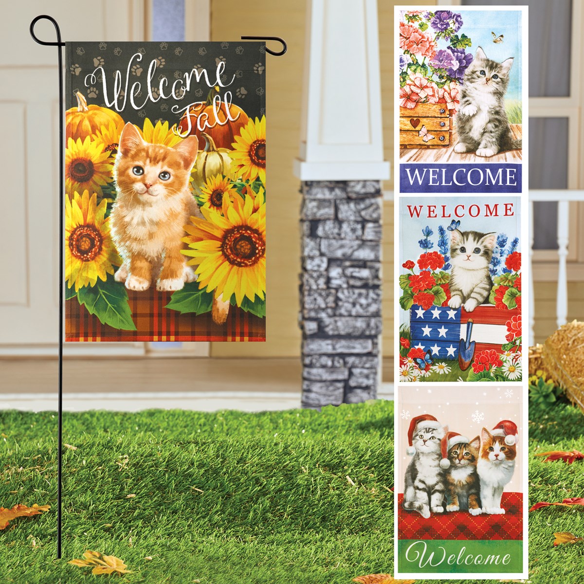 Interchangeable Seasonal Cat Garden Flags - Set of 4 | Collections Etc.