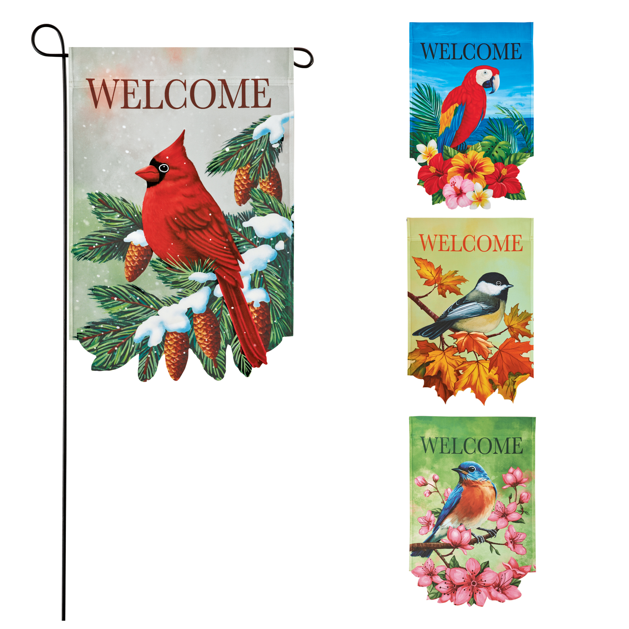 Collections Etc Set of 4 Interchangeable Seasonal Bird Welcome Garden Flags