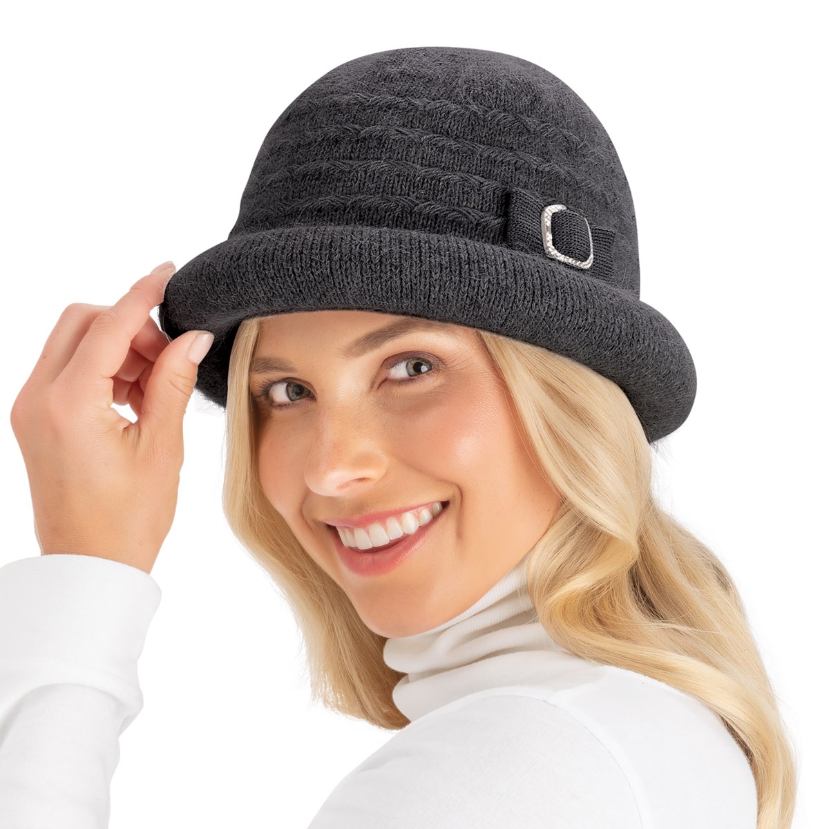 Roll Brim Knit Hat with Rhinestone Buckle | Collections Etc.