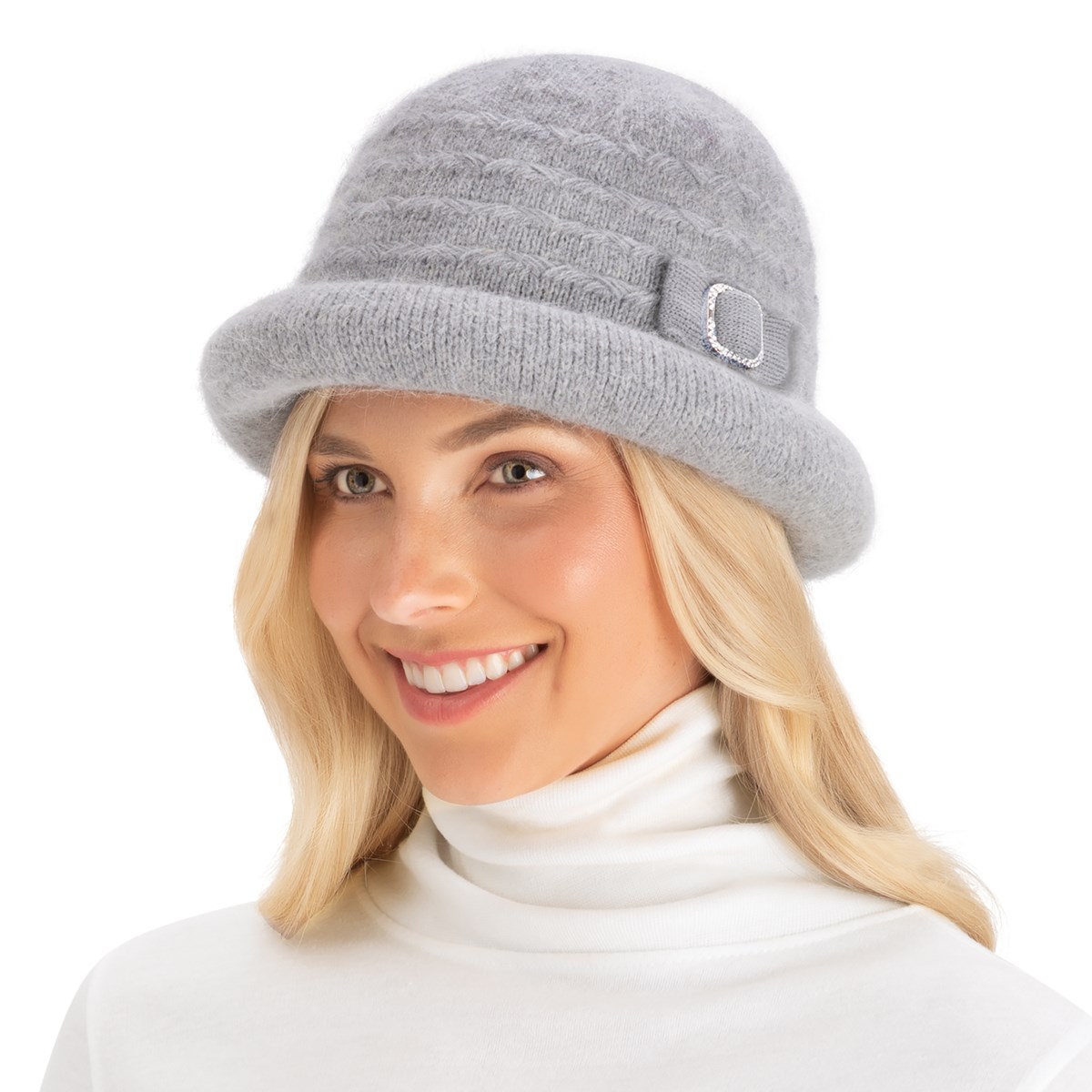 Roll Brim Knit Hat with Rhinestone Buckle | Collections Etc.