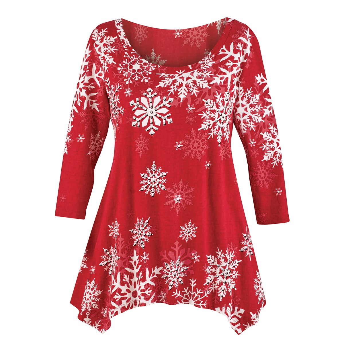 Sparkling Snowfall Sequin Holiday Sharkbite Tunic with 3/4 Sleeves ...