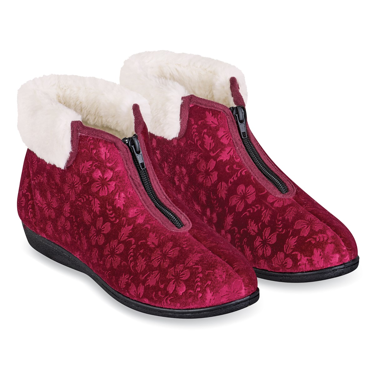 Faux Fur Trimmed Zip-Front Velvet Bootie Slippers | Collections Etc.