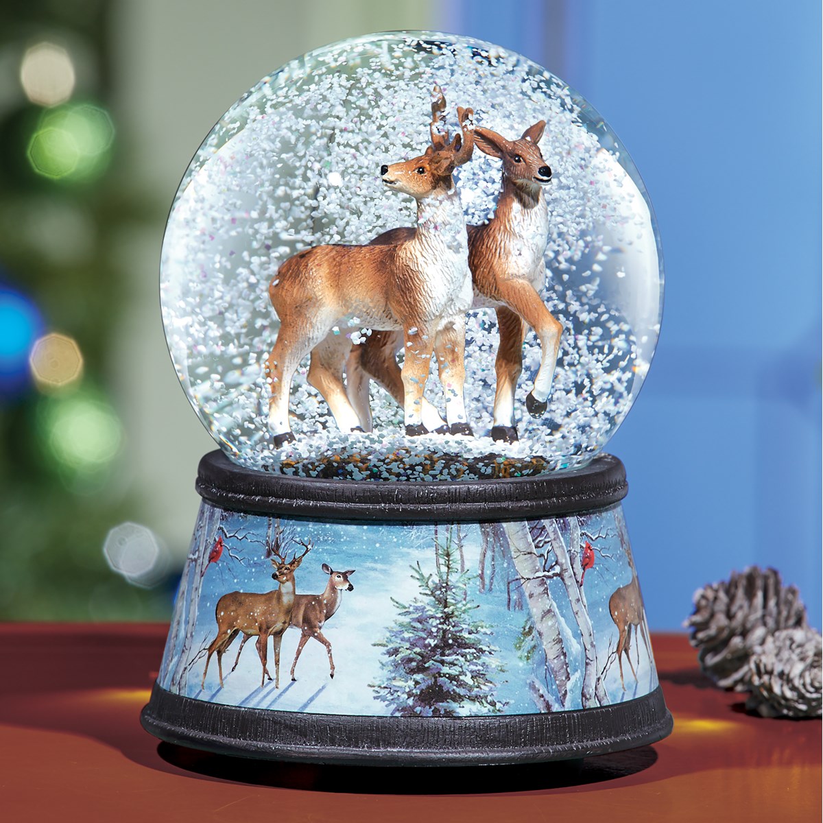 Hand-Painted Winter Deer Musical Snow Globe | Collections Etc.