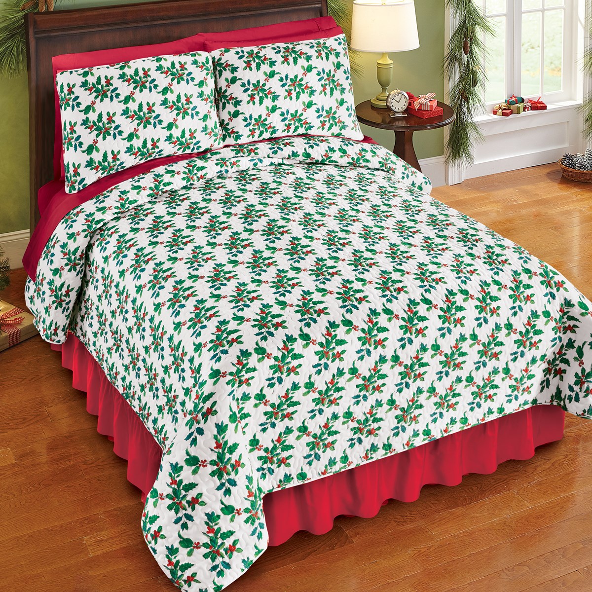 Festive Colorful Holly Design Holiday Quilt | Collections Etc.
