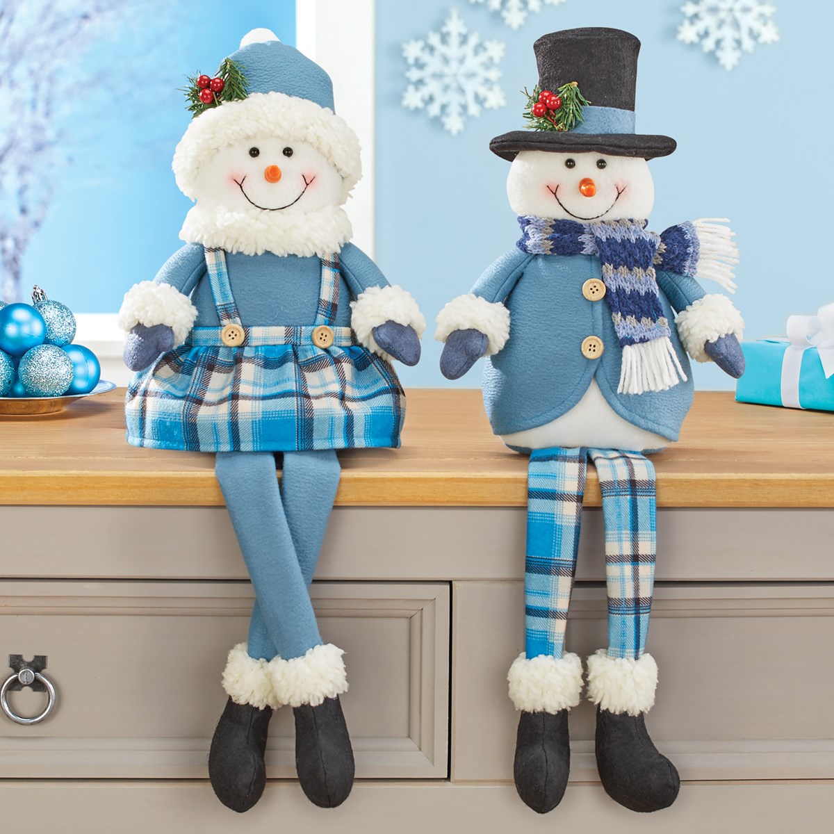 Blue Winter Snowman Plush Sitters with Dangling Legs | Collections Etc.