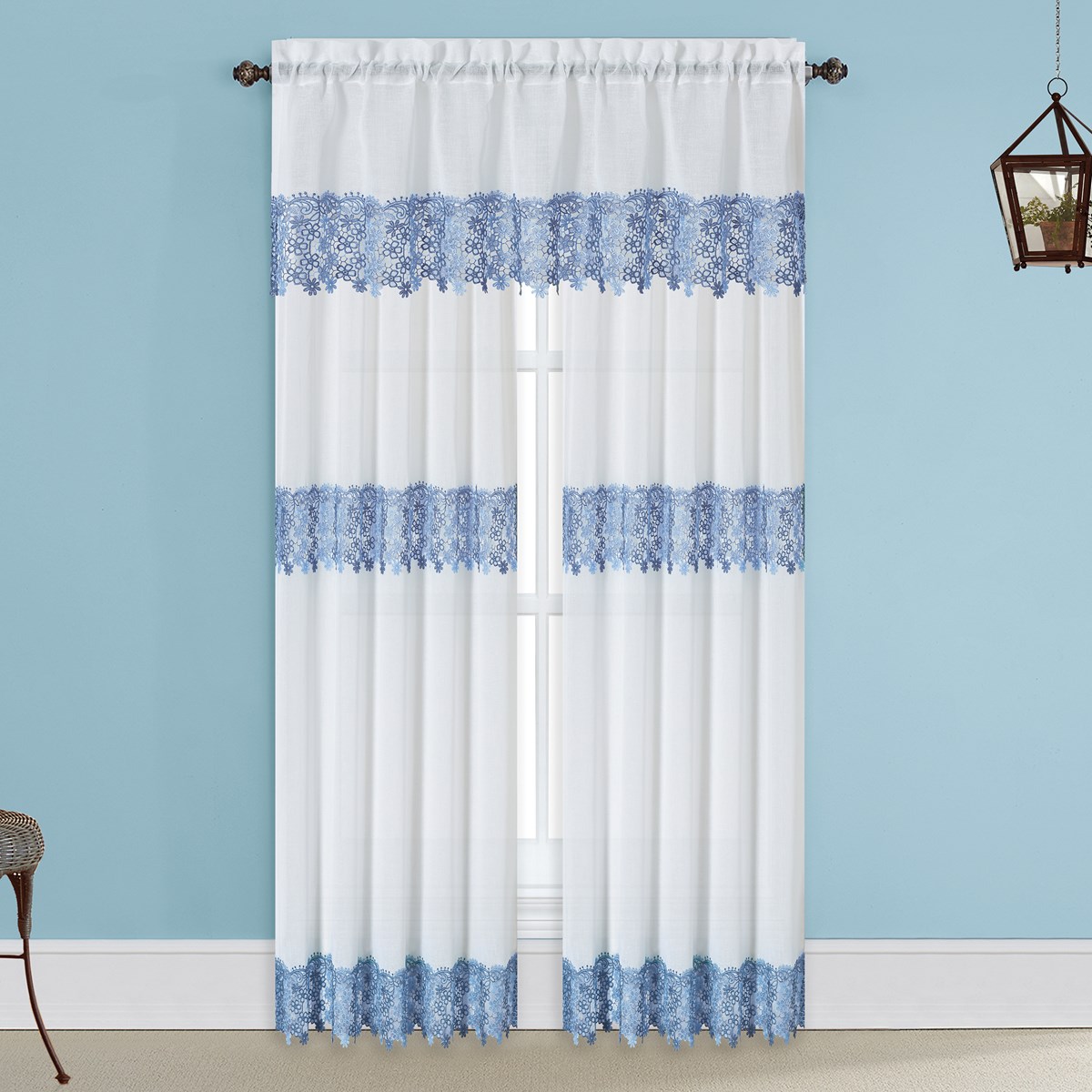 Lilian Lace Trim Sheer Rod Pocket Drapes | Collections Etc.