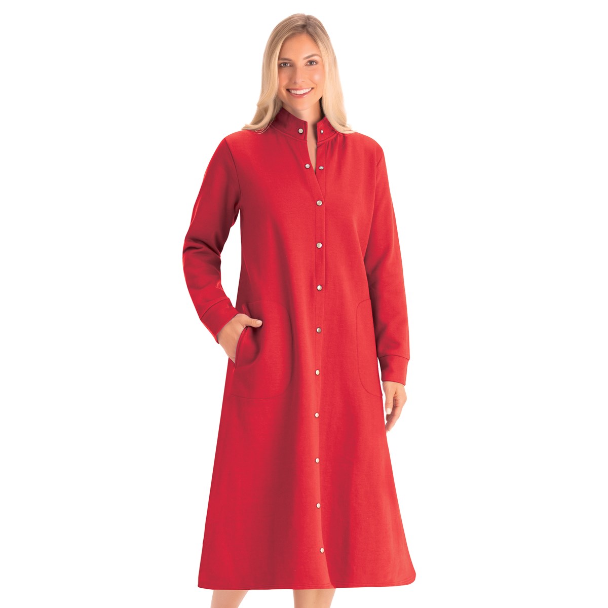 Mid-Length Fleece Snap Front Long Sleeve Robe with Pockets ...