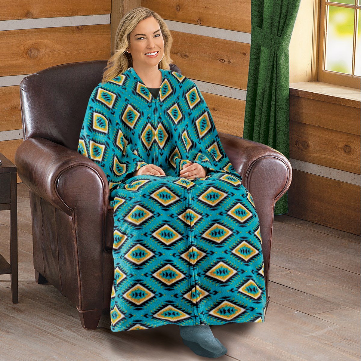 Soft Turquoise Aztec Design Zippered Fleece Cuddle Wrap | Collections Etc.