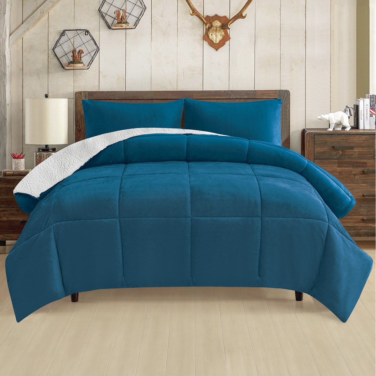 3-piece Quilted Box Pattern Sherpa Fleece Comforter Set | Collections Etc.