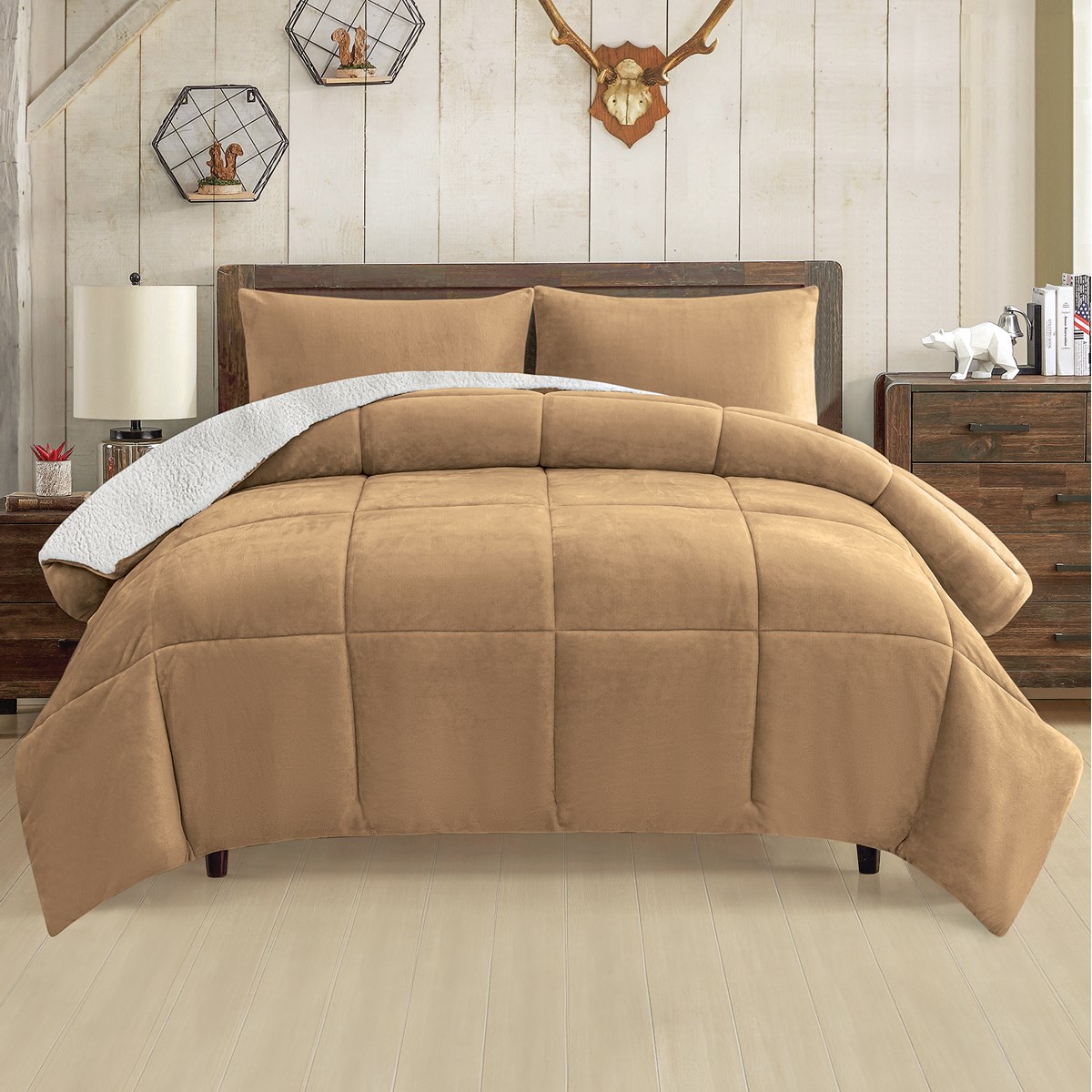 3-piece Quilted Box Pattern Sherpa Fleece Comforter Set | Collections Etc.