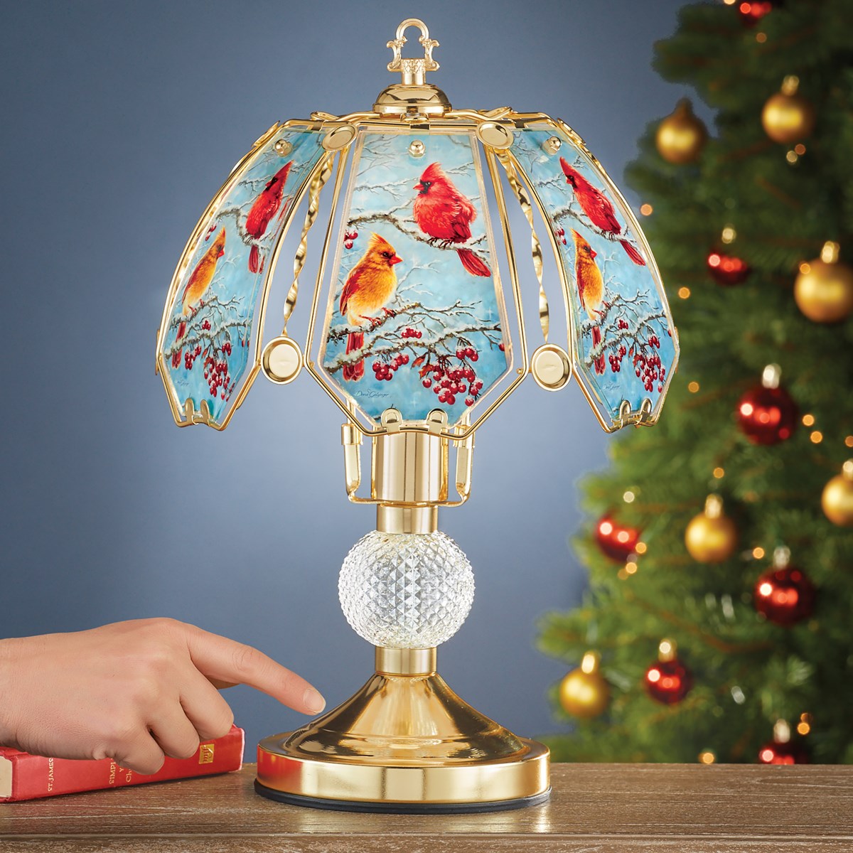 Winter Cardinals 3-Way Gold-Tone Touch Lamp | Collections Etc.