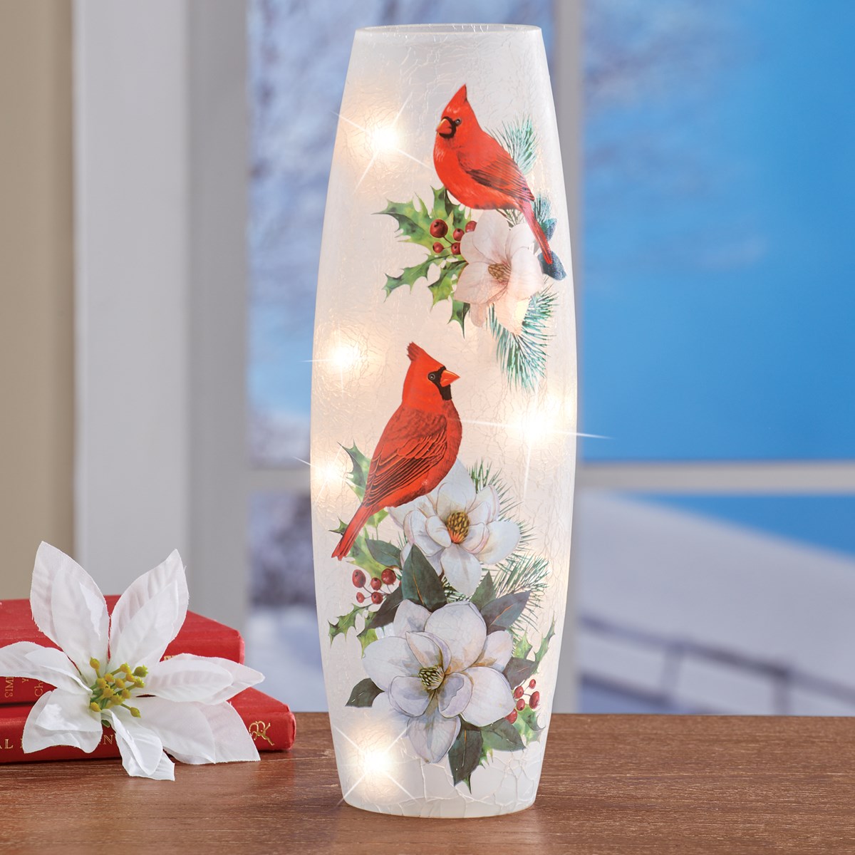 Winter Floral Cardinal LED Lighted Hurricane Lamp | Collections Etc.