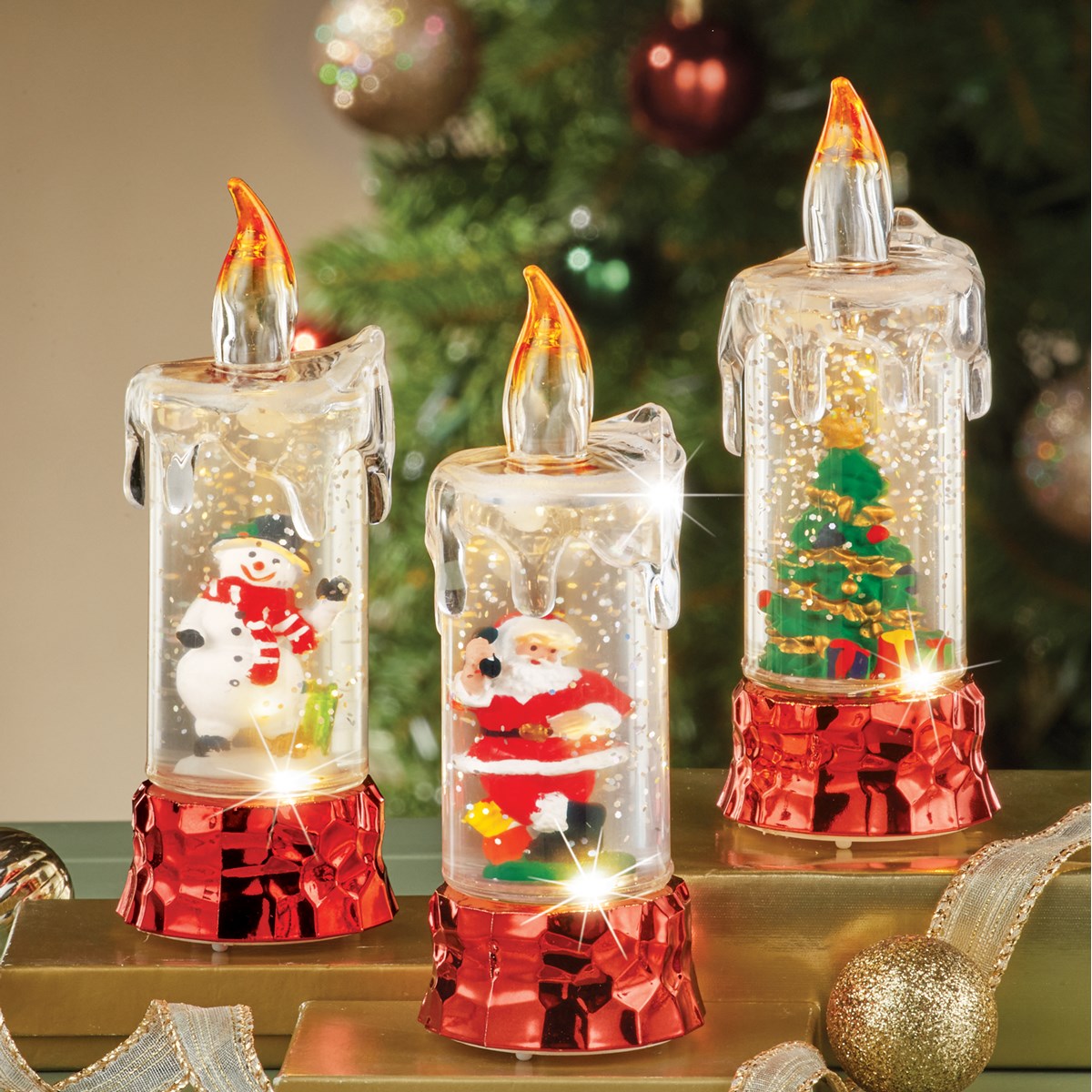 Lighted Glittery Snow Globe Christmas Candles - Set of 3 | Collections Etc.