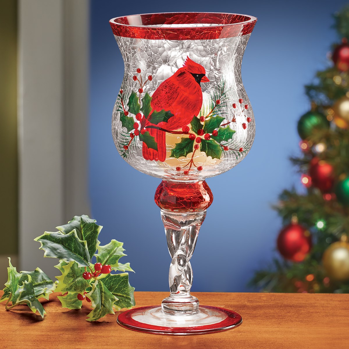 Hand-Painted Cardinal Glass Candle Holder | Collections Etc.