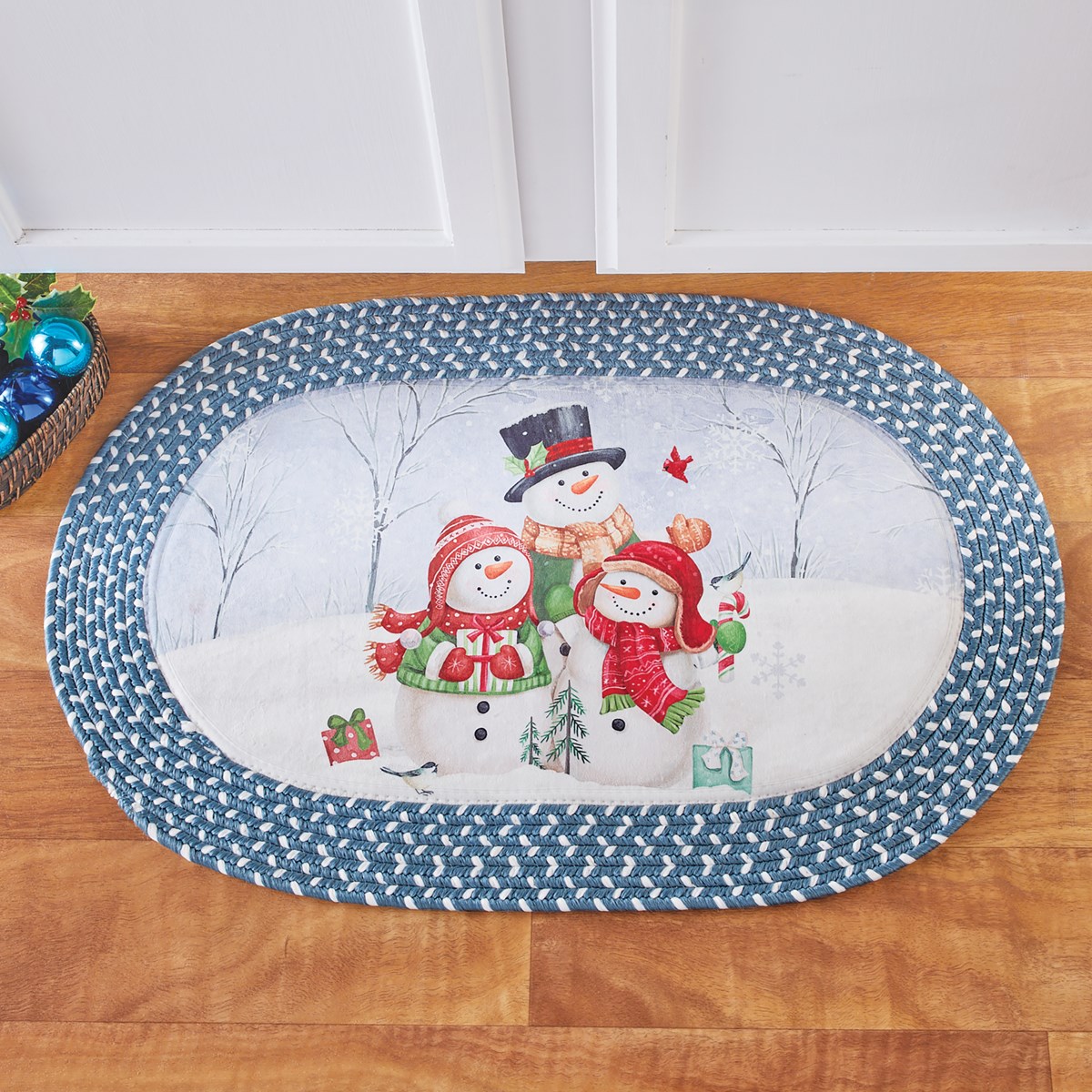 Festive Snowman Family Kitchen Rug with Blue Braided Border ...