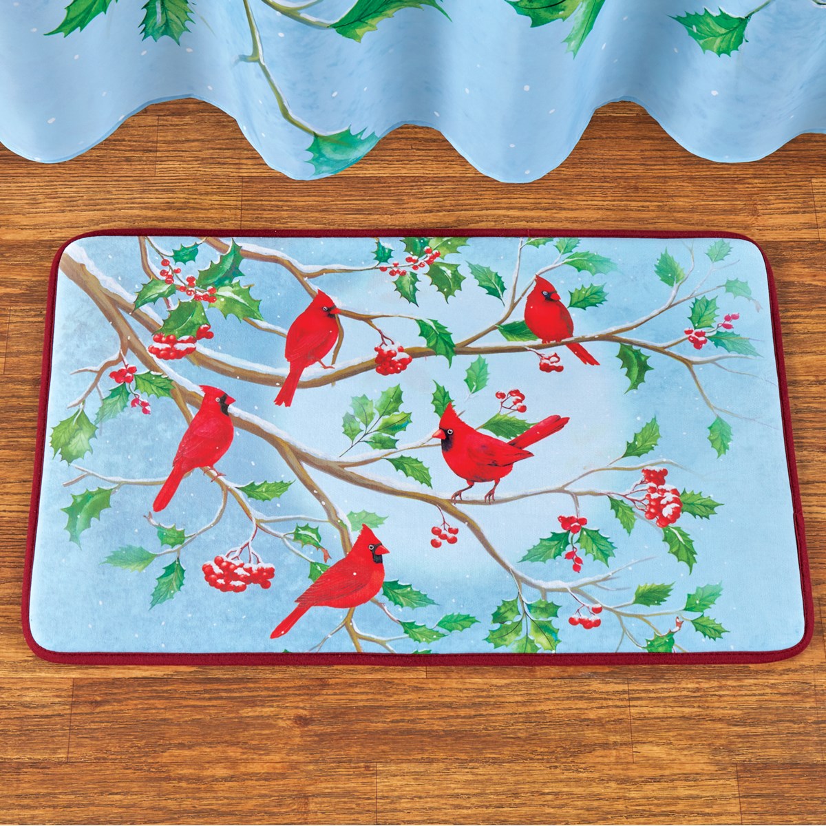 Cardinals On Branch Winter Holly Bath Mat | Collections Etc.
