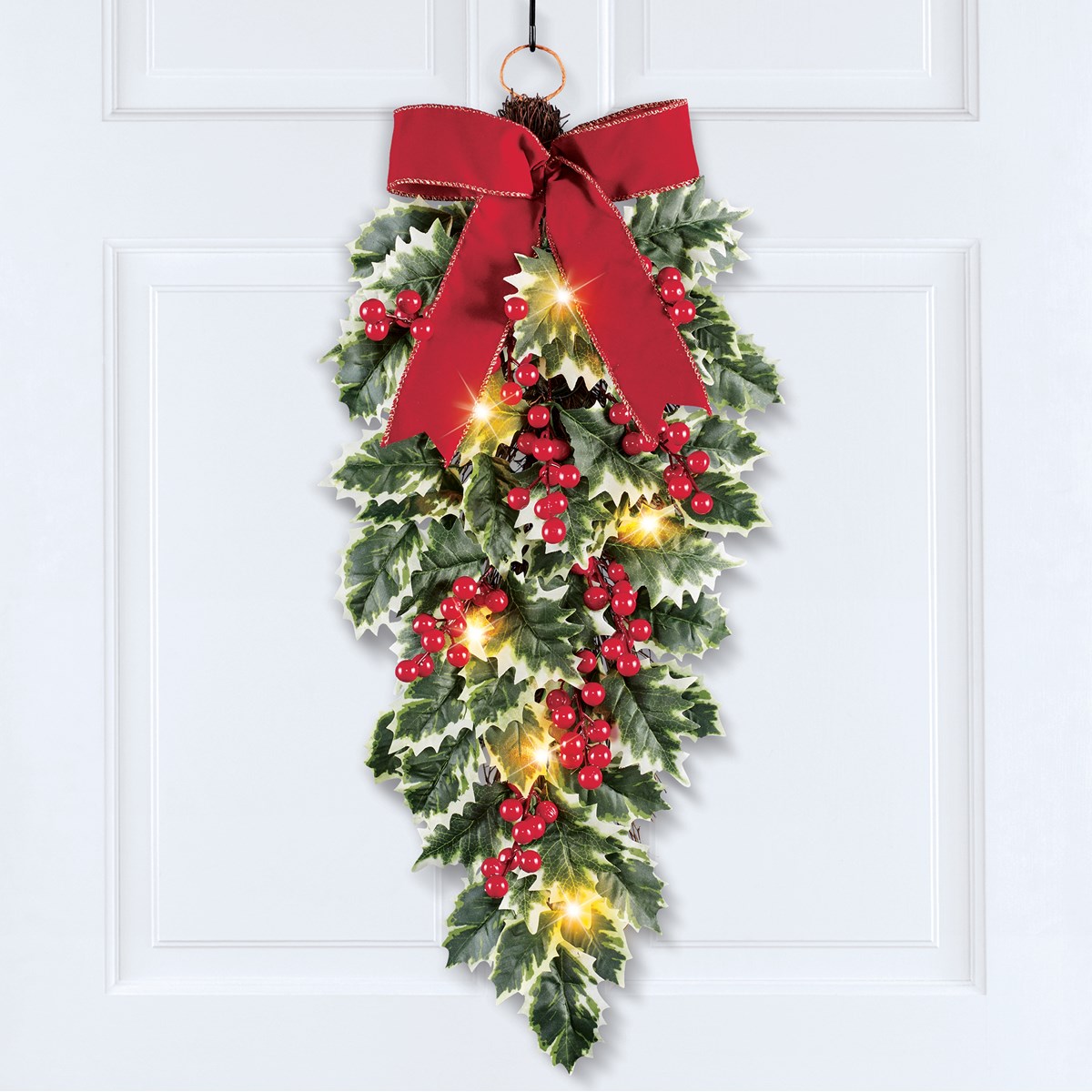 LED Lighted Holly Festive Hanging Swag with Bow | Collections Etc.