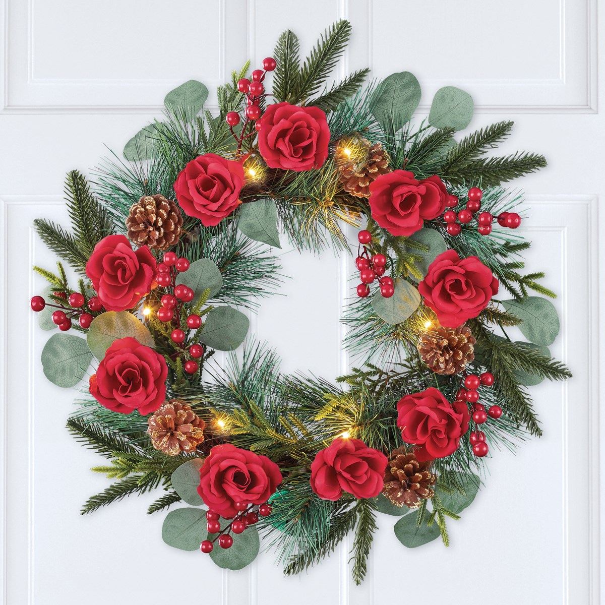 LED Lighted Red Rose Holiday Wreath | Collections Etc.