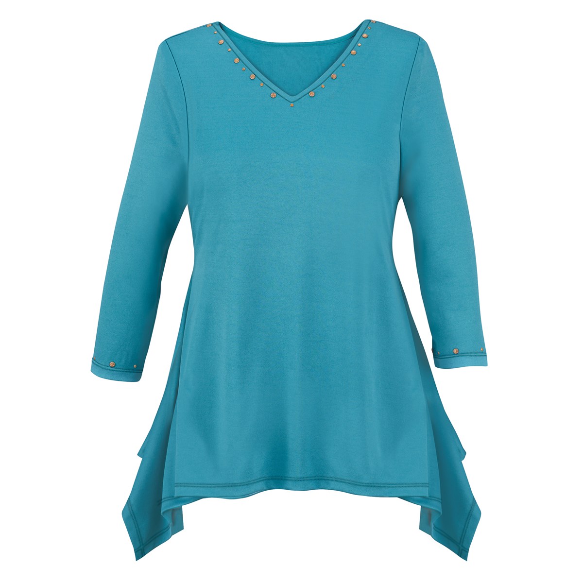 Decorated V-Neckline 3/4 Sleeve Sharkbite Tunic | Collections Etc.