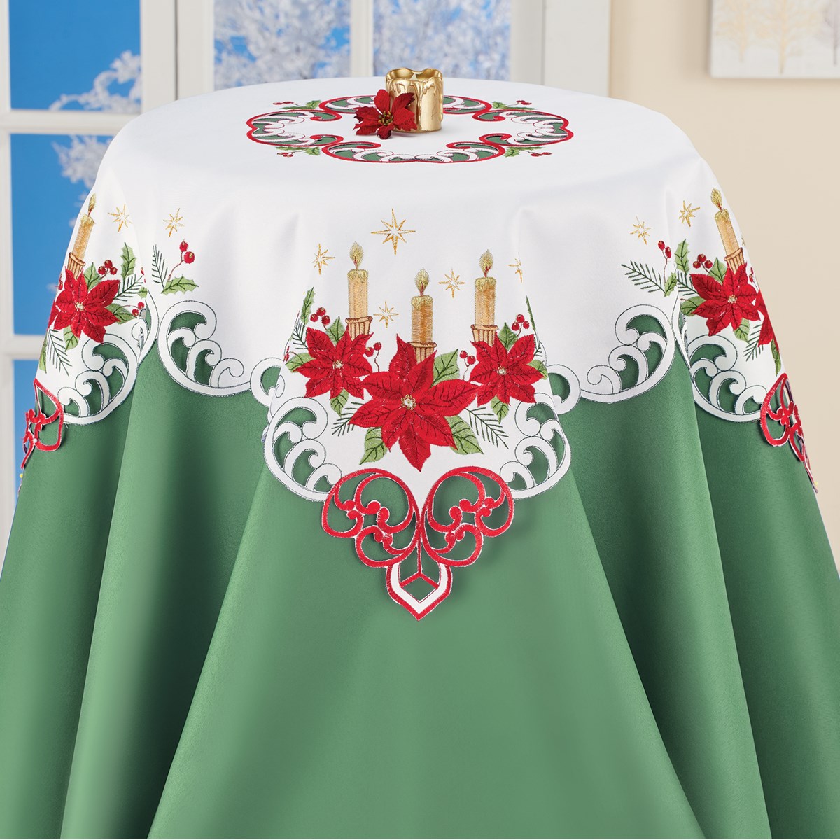 Elegant Poinsettias with Candles Embroidered Christmas Table Linens ...